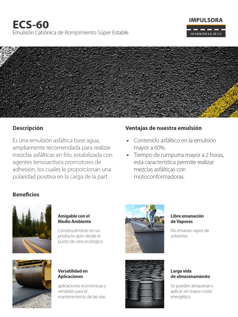 Emulsión Asfáltica ECS-60: Características y Usos | PDF | Agua | Emulsión