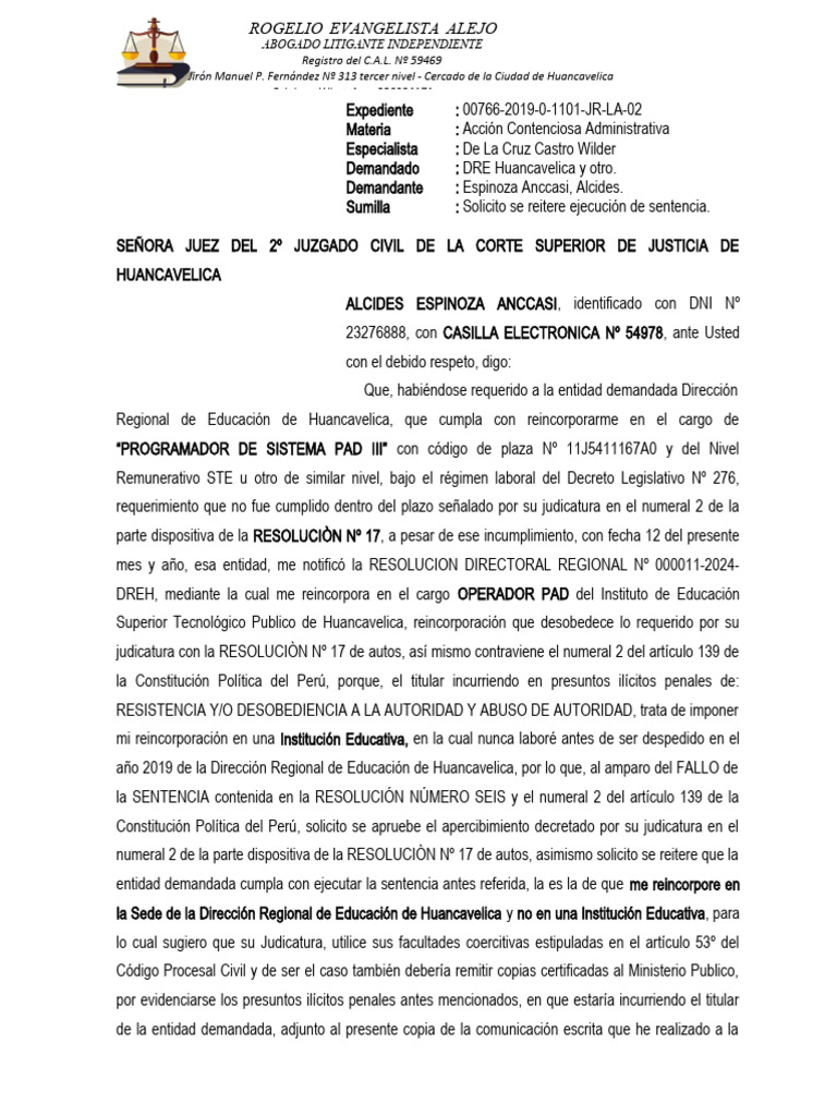 Solicito Se Reitere Ejecucion de Sentencia - Alcides e | Descargar gratis PDF | Sentencia (ley ...