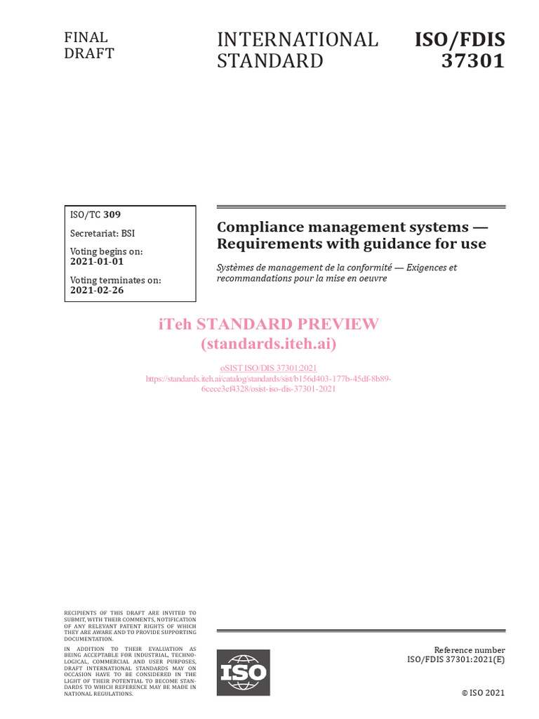 Iso Fdis 37301 | PDF | International Organization For Standardization | Regulatory Compliance