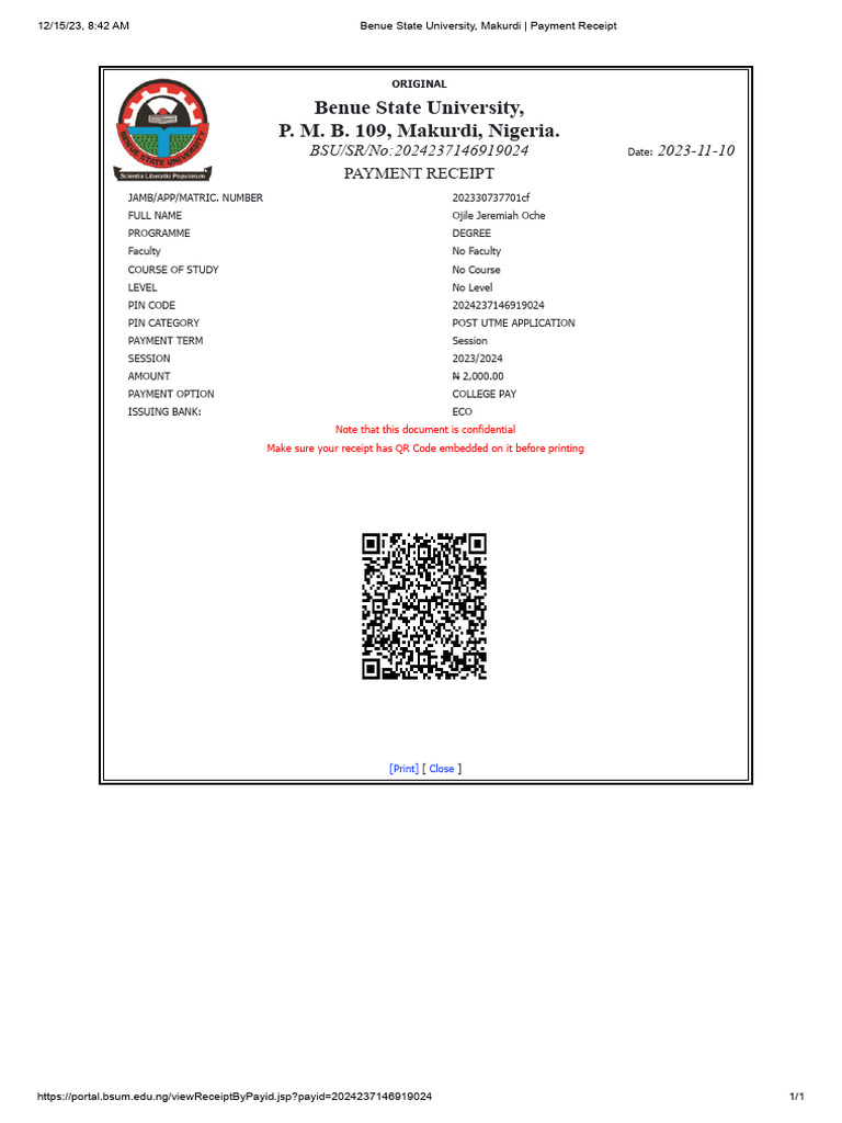 Benue State University, Makurdi - Payment Receipt | PDF