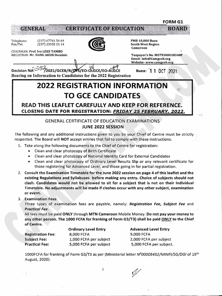 GCE 2022 Registration To GCE Candidates | PDF