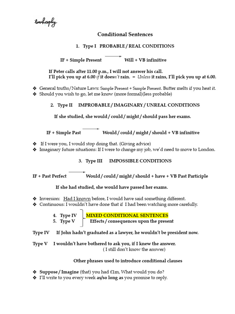 Conditional Sentences Summary 5 Types | PDF