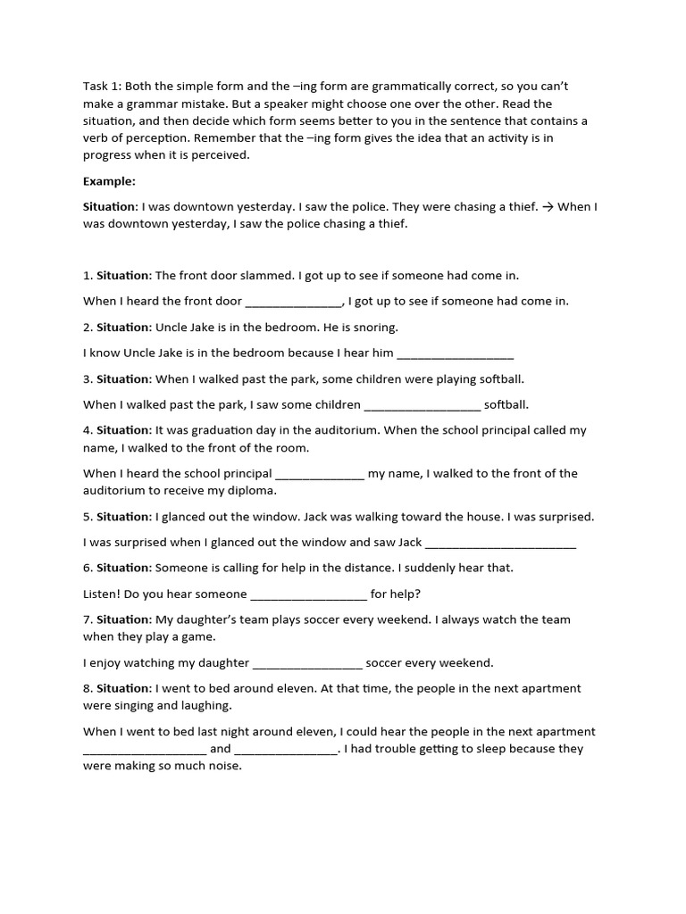 Verbs of Perception: Exercises Guide | PDF | Linguistics | Grammar
