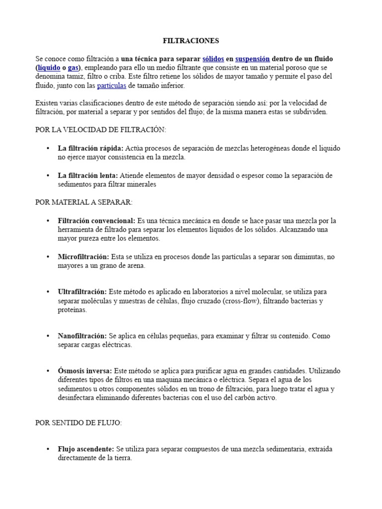 Técnicas de Filtración y Clasificaciones | PDF | Filtración | Física ...