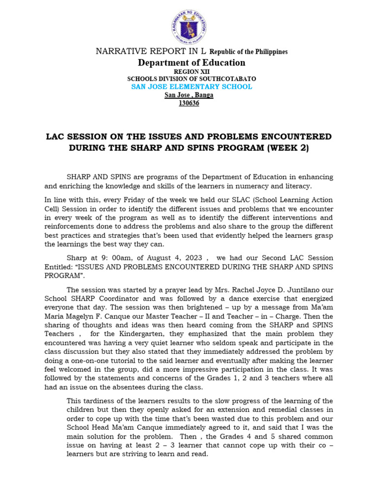 Narrative Report in Lac Session On The Issues and Problems Encountered During The Sharp and ...