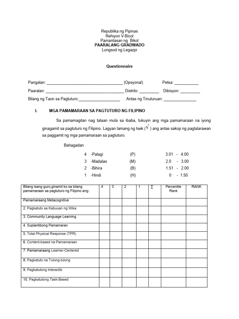Questionnaire Masbate | PDF
