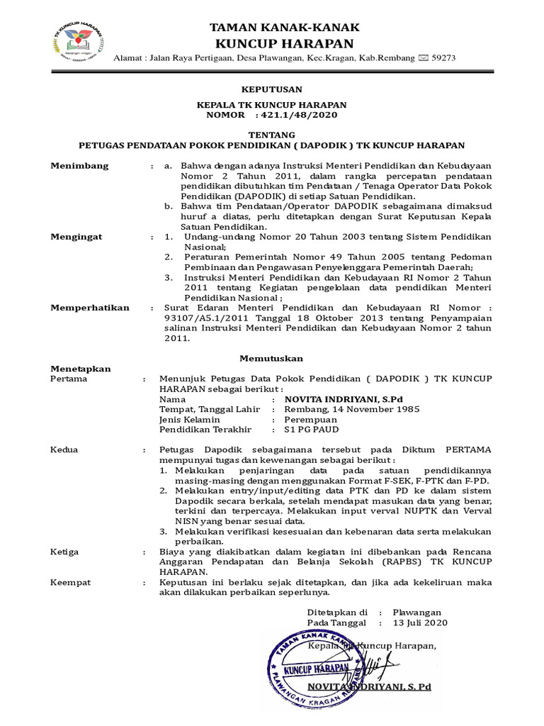 SK Operator Dapodik Paud | PDF