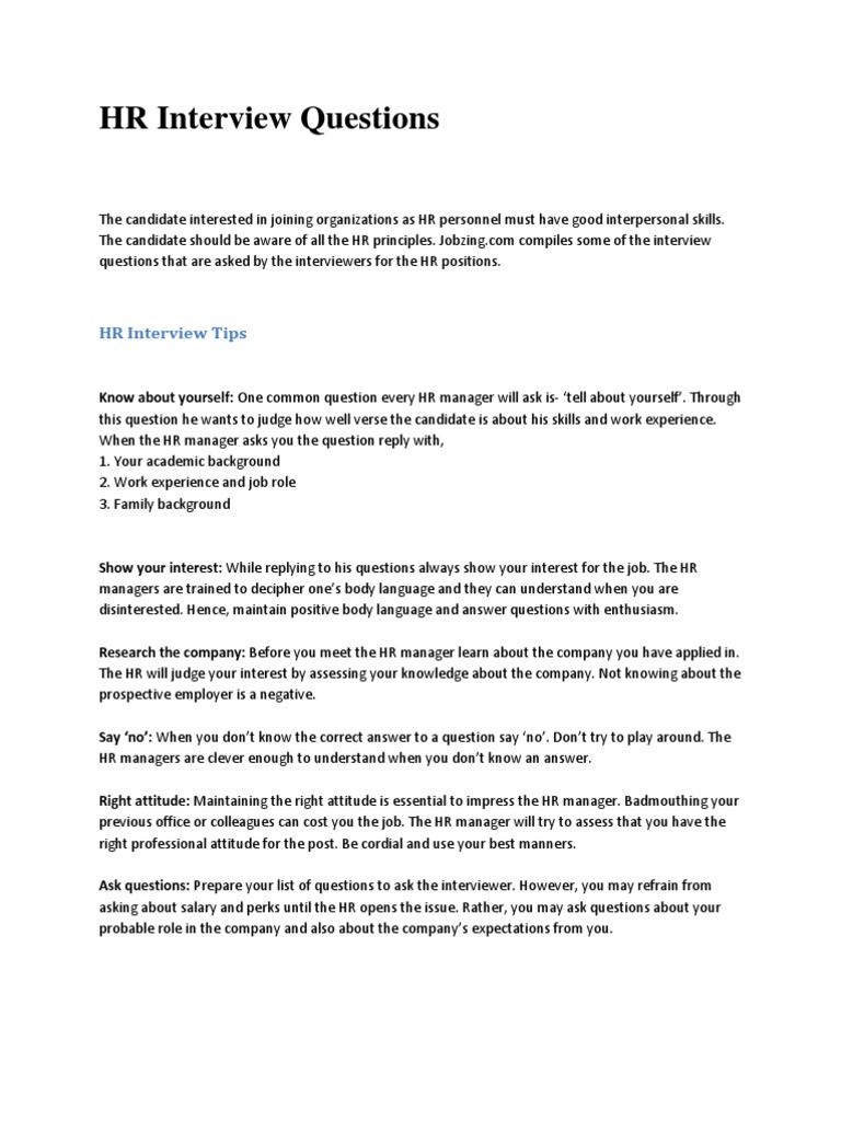 HR Interview Questions | PDF | Human Resource Management | Performance ...