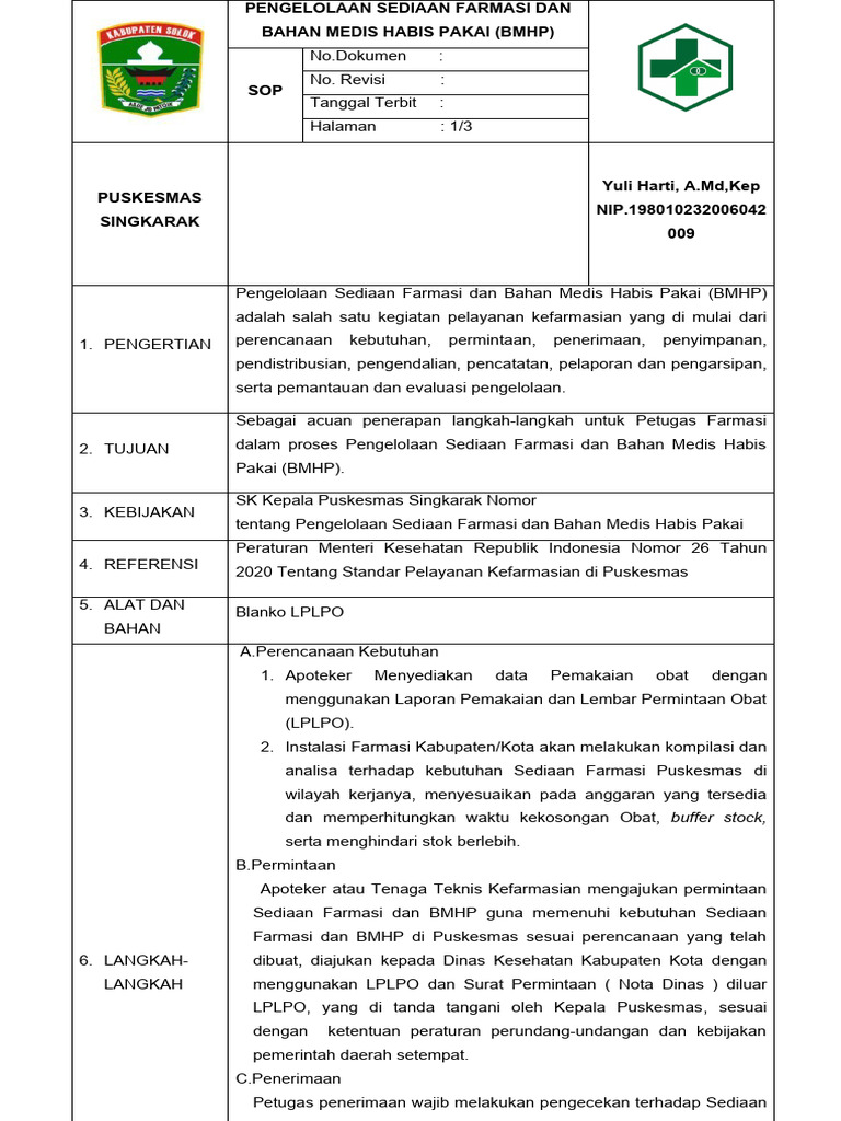 SOP Pengelolaan Sediaan Farmasi Dan BMHP | PDF