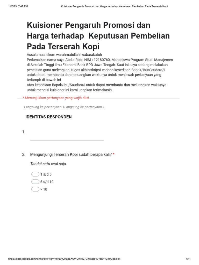 Kuisioner Pengaruh Promosi Dan Harga Terhadap Keputusan Pembelian Pada Terserah Kopi - Google ...