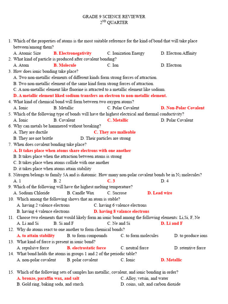 Grade 9 Science 2nd Quarter Reviewer | PDF | Chemical Bond | Mole (Unit)