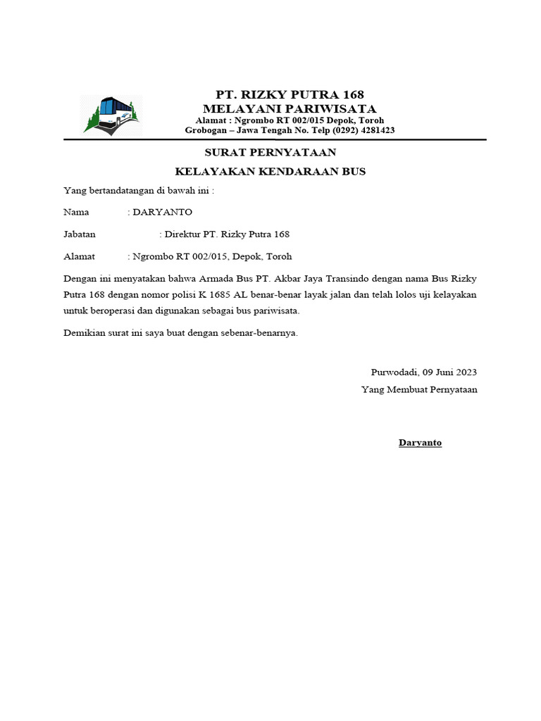 Surat Kelayakan Bus | PDF
