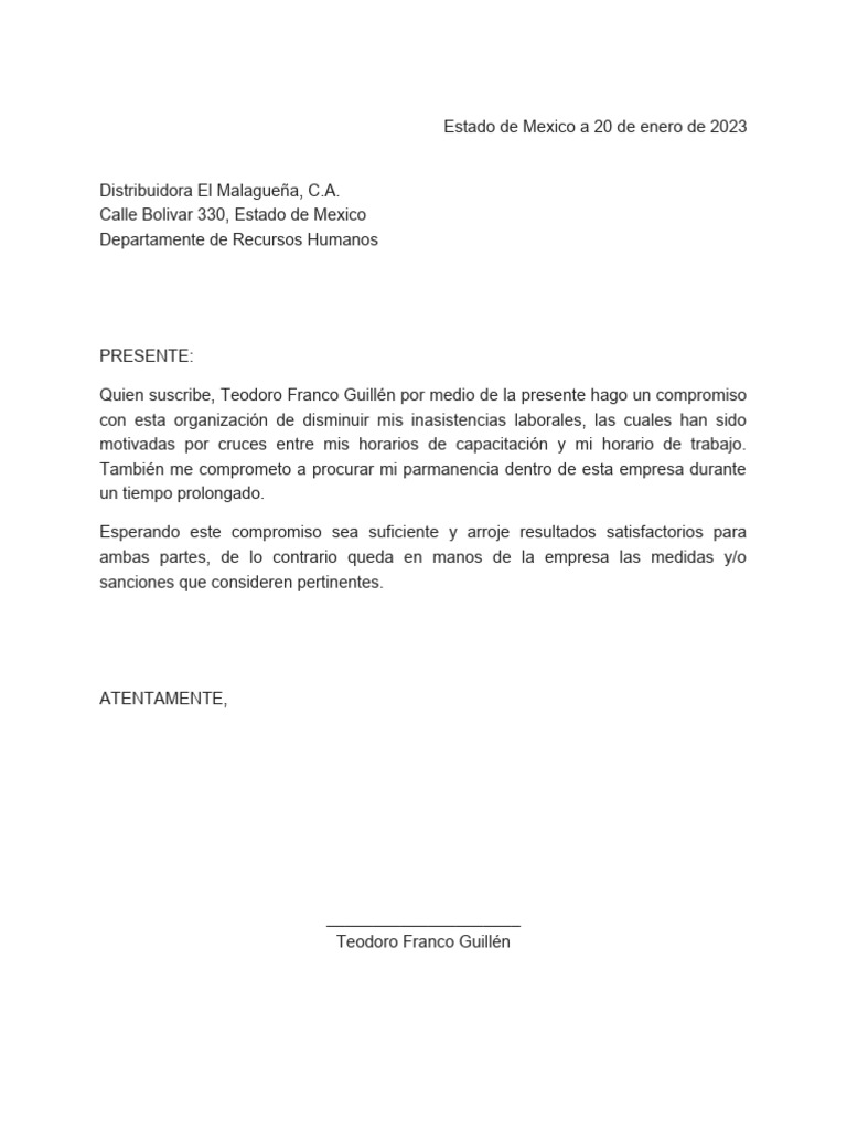 Modelo de Carta de Compromiso Por Faltas | PDF