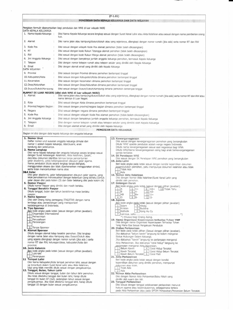 Formulir Biodata Keluarga f101 (Petunjuk Pengisian Formulir f101) | PDF
