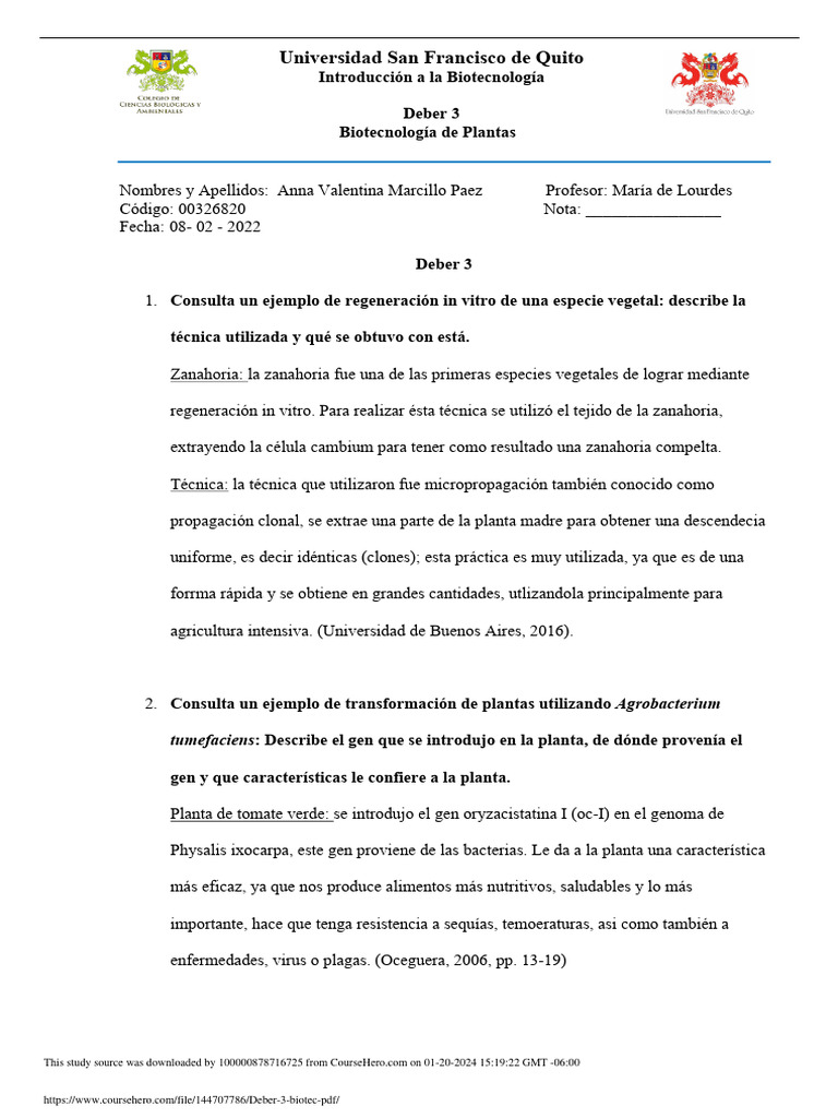 Deber 3 Biotec PDF | PDF | Plantas | Biología