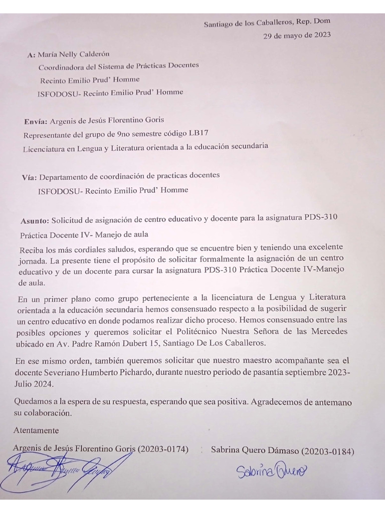 Carta de Solicitud de Centro Educativo para Práctica Docente IV | PDF