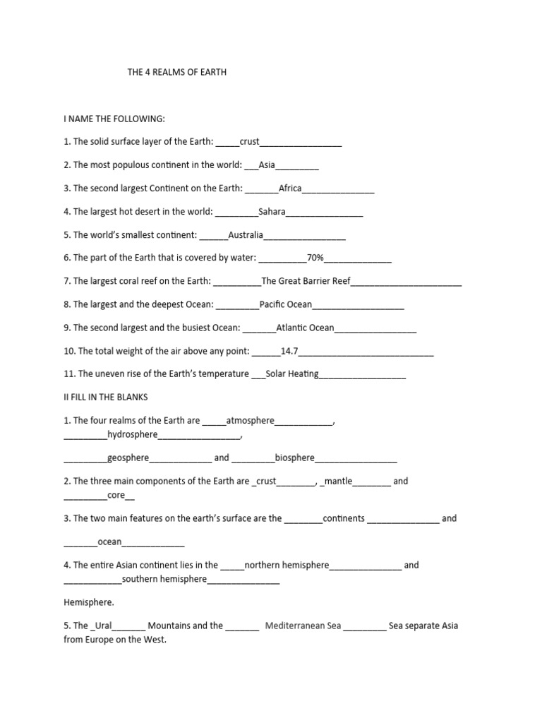 4 Realms of Earth Worksheet | Download Free PDF | Earth | Oceans