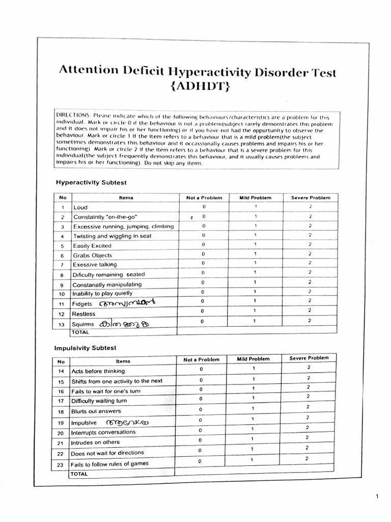 Attention Deficit Hyperactivity Disorder Test | PDF | Attention Deficit ...