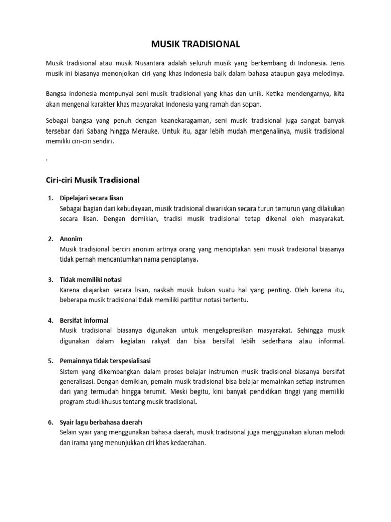 Ciri dan Fungsi Musik Tradisional Indonesia | PDF