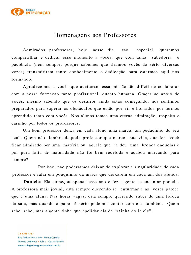Discurso Homenagens Aos Professores | PDF