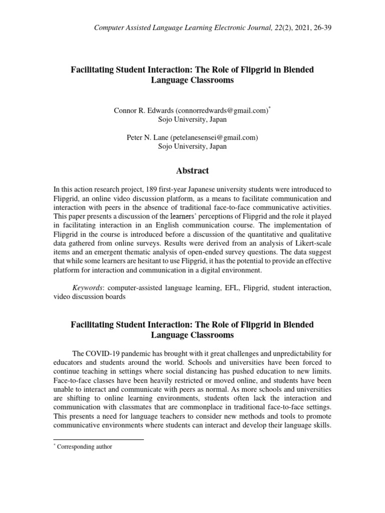 2 - Facilitating Student Interaction The Role of Flipgrid in Blended Language Classrooms | PDF ...