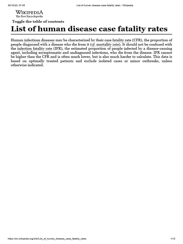 List of Human Disease Case Fatality Rates - Wikipedia | PDF | Infection ...
