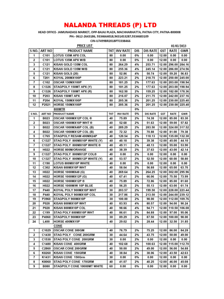 NTPL Price List Jan-23 | PDF