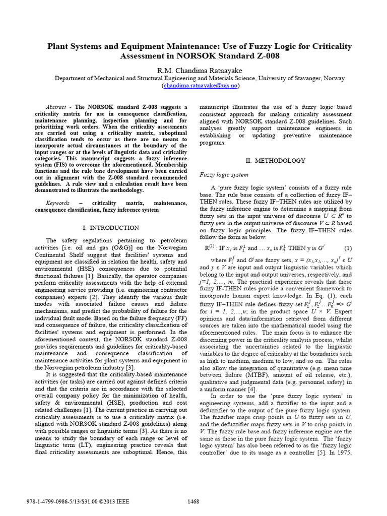 (Journal) Plant System and Equipment Maintenance Use of Fuzzy Logic For Critically Assessment in ...