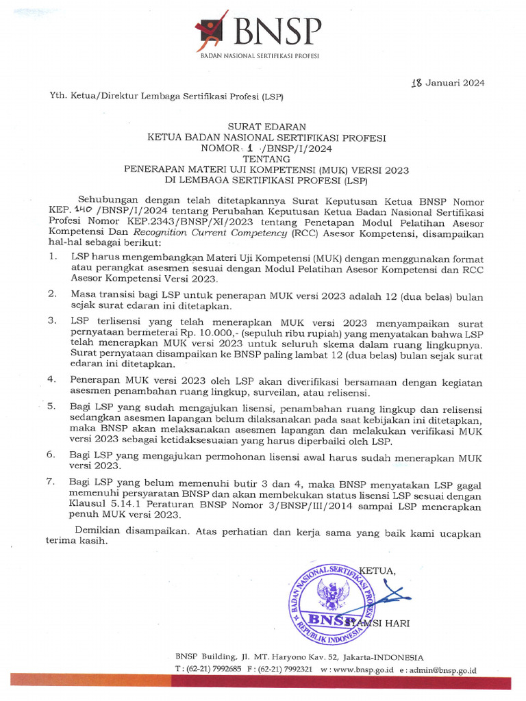 SE Ketua BNSP No.1-BNSP-I-2024 Tentang Penerapan MUK Versi 2023 Di LSP | PDF