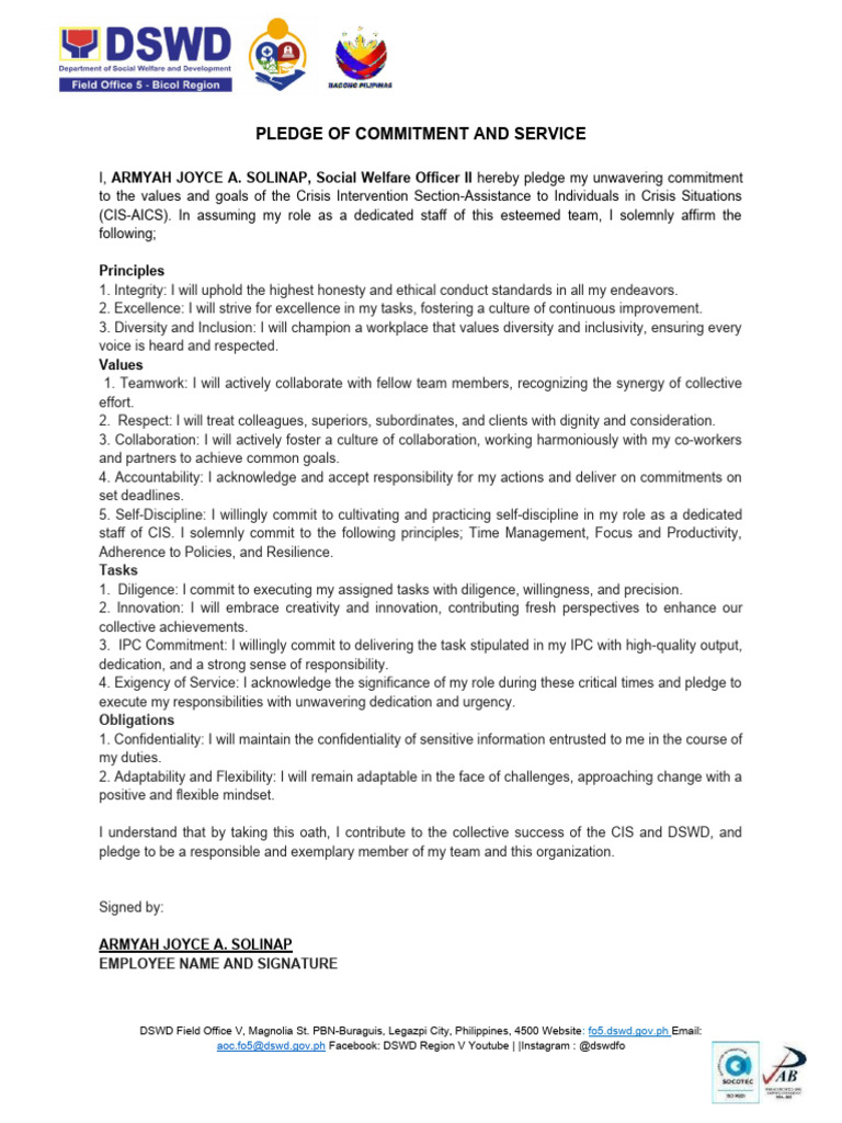 Pledge of Commitment and Service | PDF | Diversity (Business) | Business