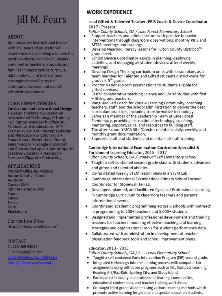 Jill Fears Educator Resume | PDF | Teachers | Curriculum