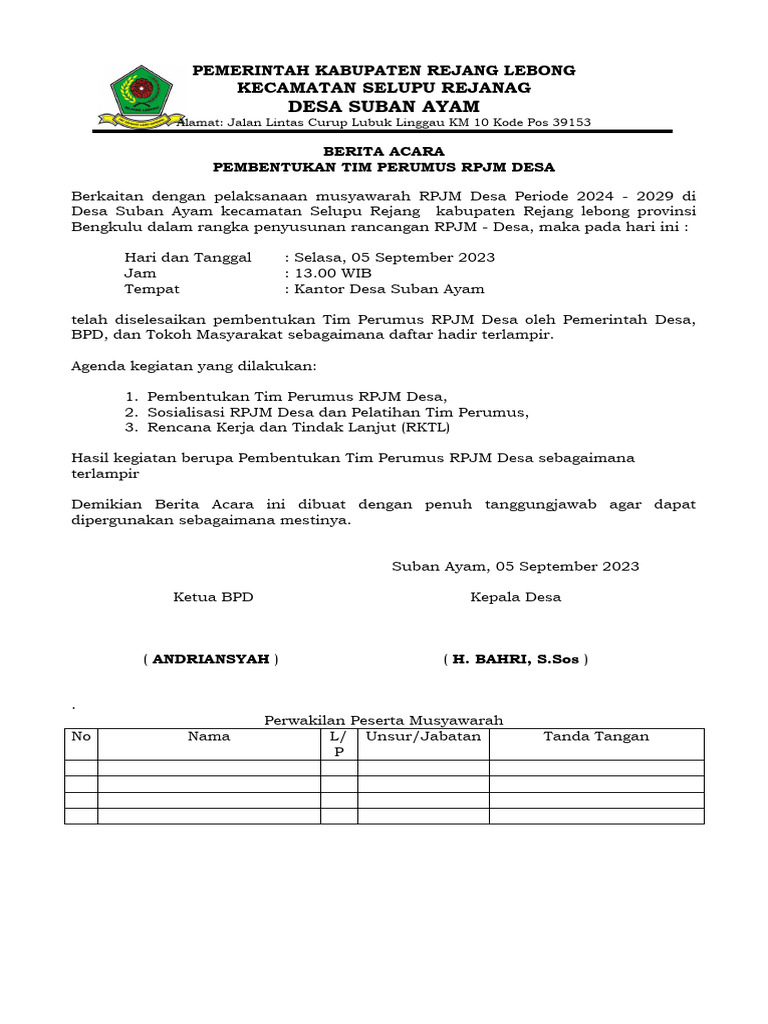 Berita Acara TIM Penyusun RPJMDes | PDF