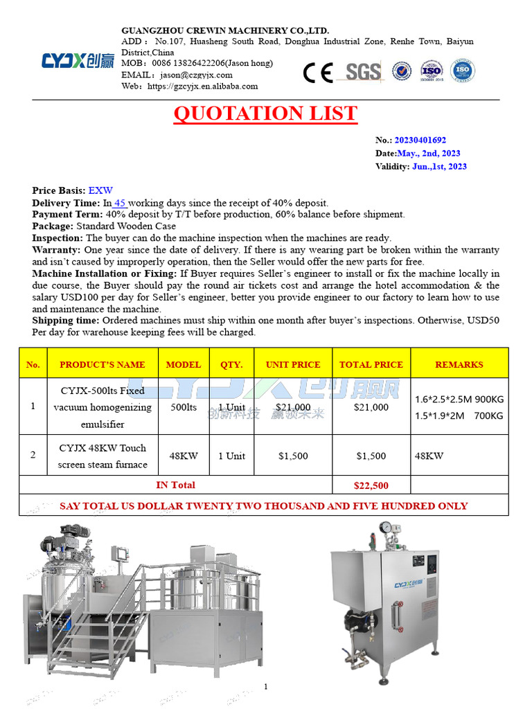 Guangzhou Crewin Machinery Quotation | PDF | Technology & Engineering