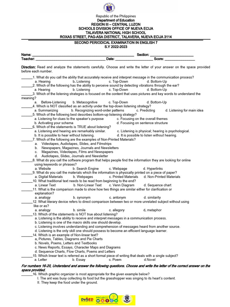 Grade 7 Second Periodical Examination | PDF | Top Down And Bottom Up Design | Poetry