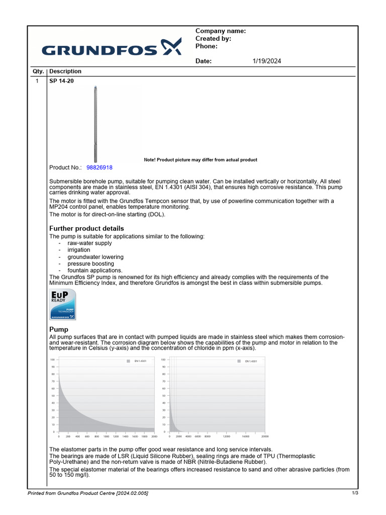 Groundfos Pompa Submersible 98826918 - SP - 1420 | PDF | Pump | Electric Motor