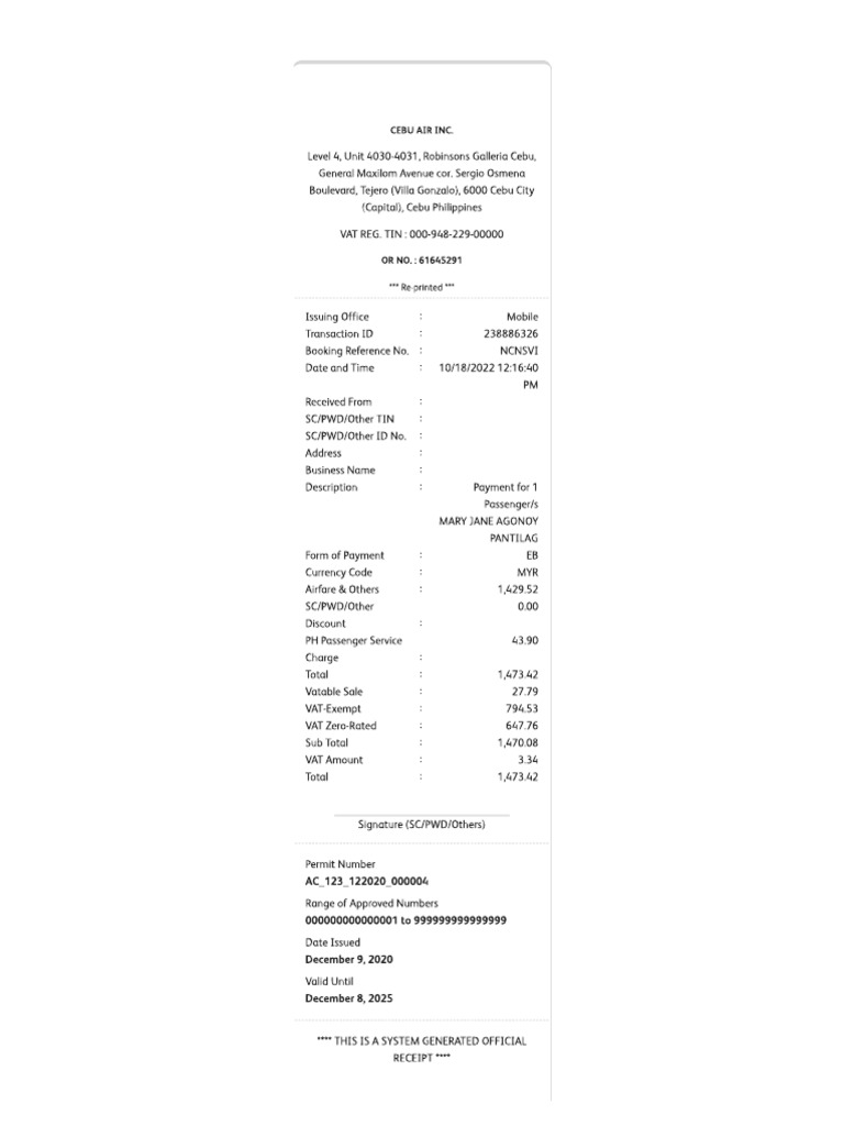 Official Receipt - Flight To Manila 1 Person | PDF