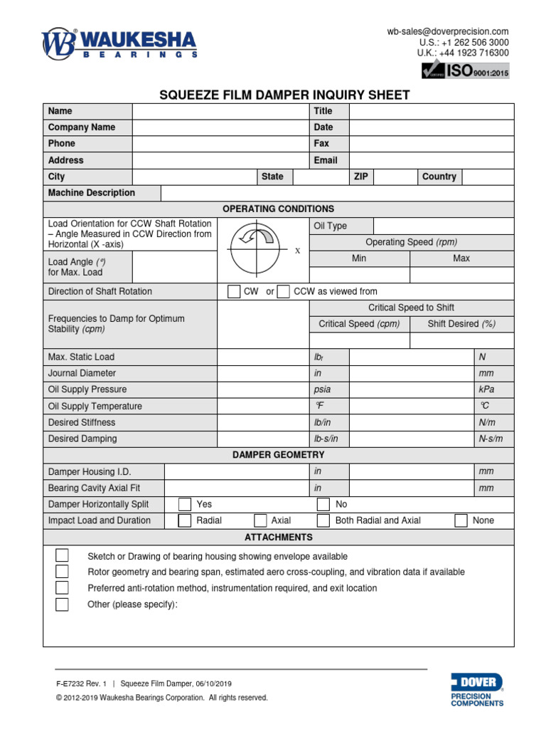 F-E7232-rev1-Squeeze Film Damper Inquiry Sheet | PDF | Bearing (Mechanical) | Mechanical Engineering
