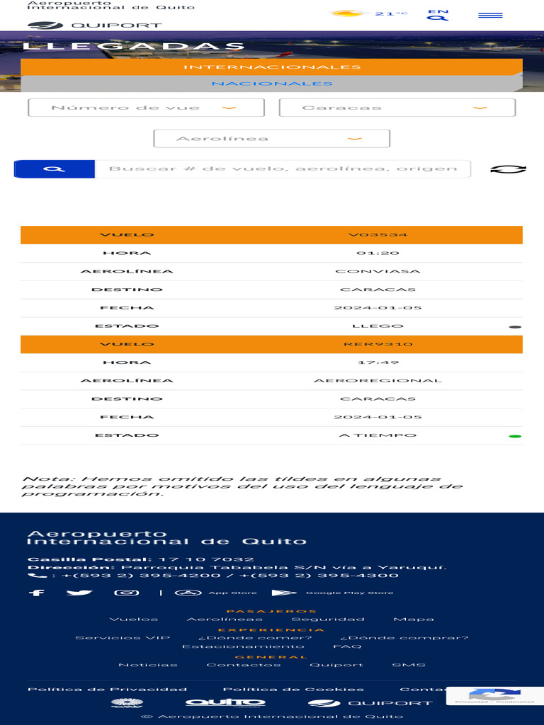 Llegadas - Aeropuerto Internacional de Quito | PDF