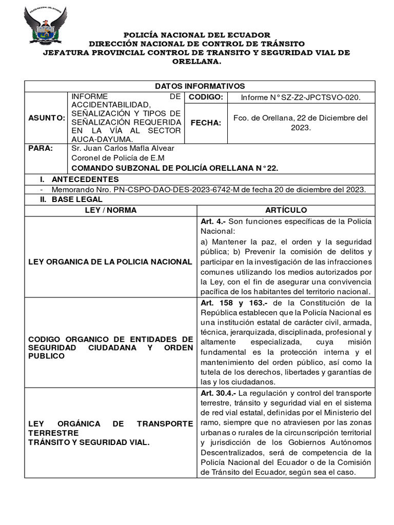 020 Informe Señalizacion Vía Auca-Dayuma. | PDF | Accidente de tráfico ...