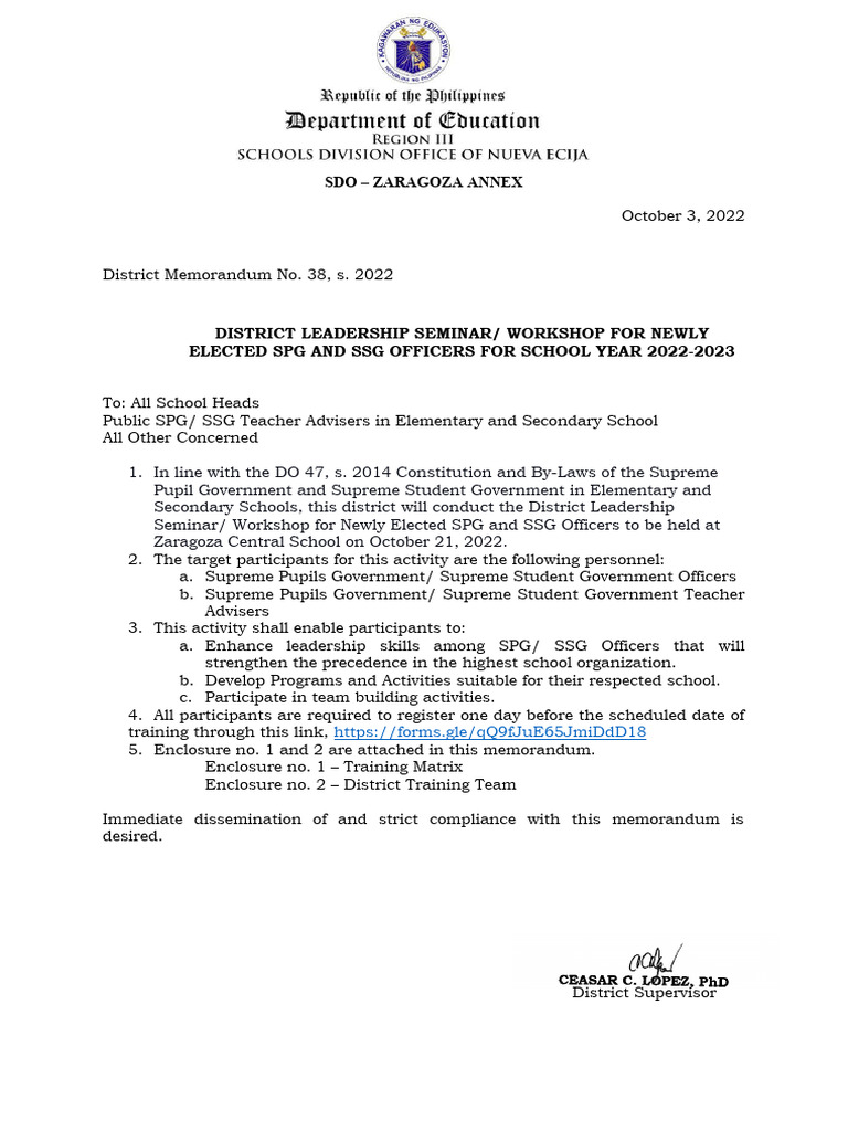 District Memo - Seminar Workshop in Leadrership | PDF