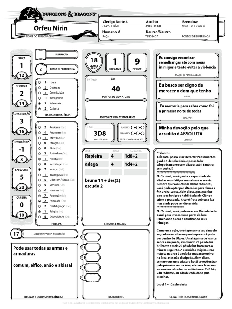 DND 5 Orfeu Nirin Ficha Level 4 | PDF