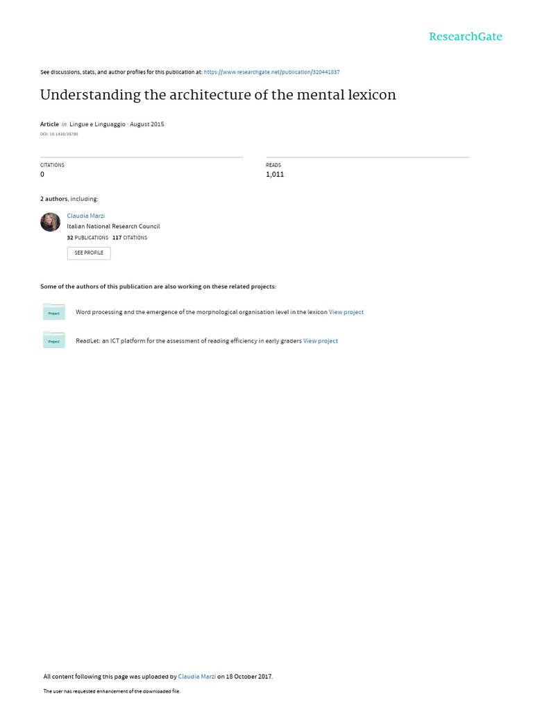 Mental Lexicon | PDF | Working Memory | Memory