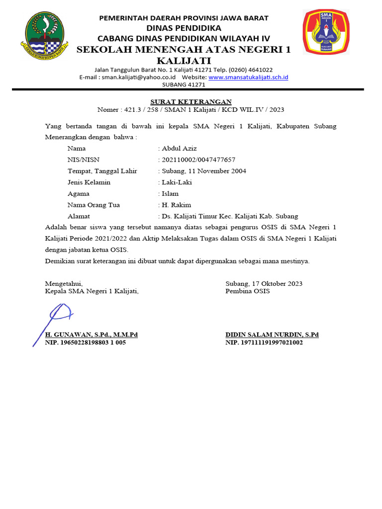 SURAT KETERANGAN Osis | PDF