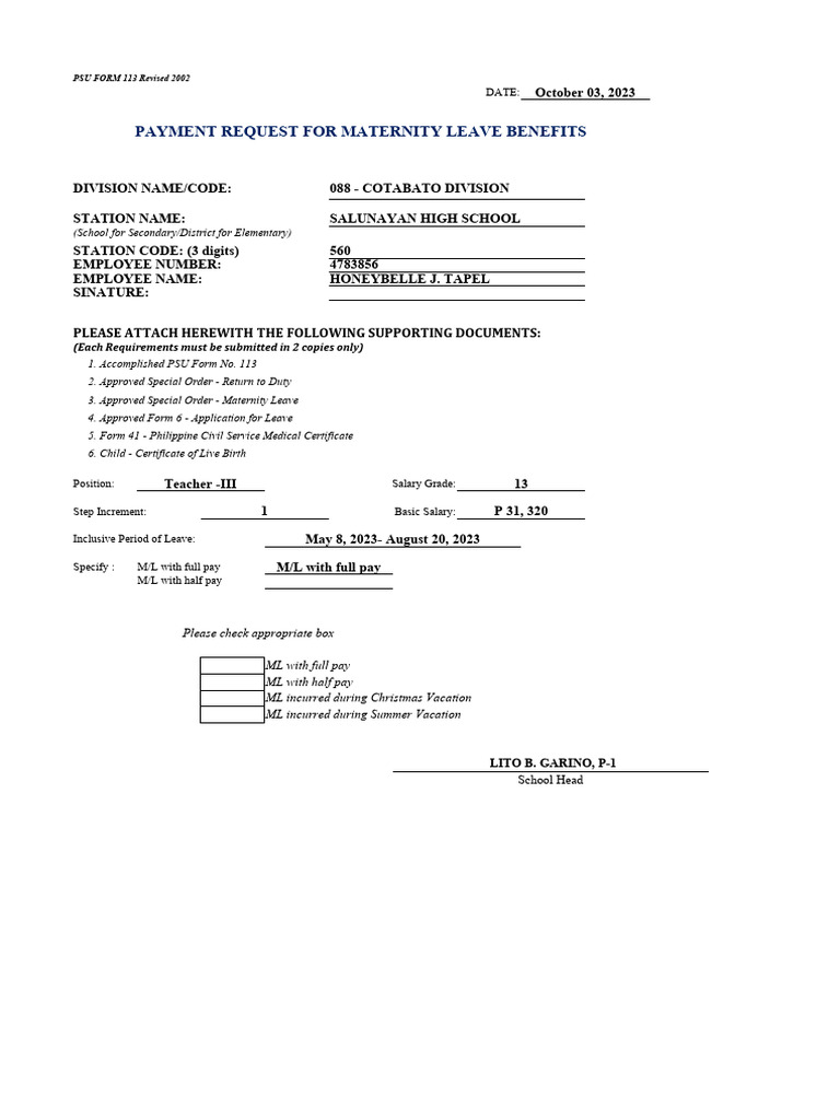 Psu Form 113 Maternity Benefits | PDF