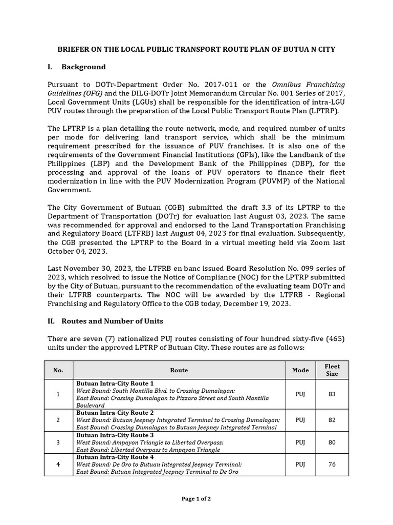 Briefer On The LPTRP of Butuan City | PDF | Philippines | Transport