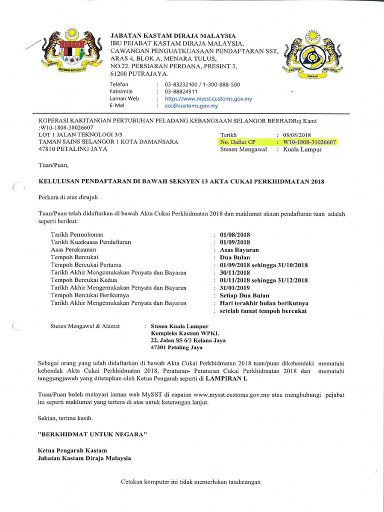 Surat kelulusan Cukai Perkhidmatan | PDF Surat kelulusan Cukai Perkhidmatan | PDF