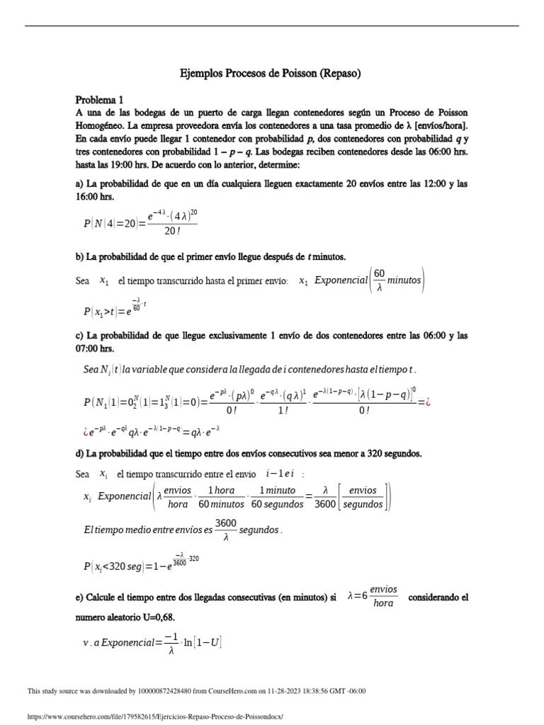 Ejercicios Repaso Proceso de Poisson | PDF | Teoría estadística ...