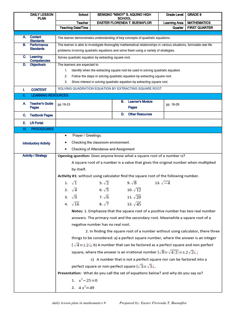 Grade 9 Math: Solving Quadratics | PDF | Quadratic Equation | Numbers