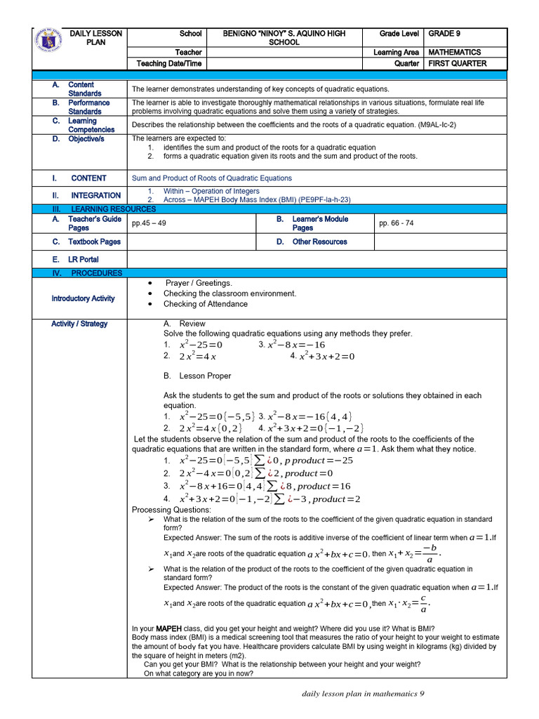 Grade 9 Math: Quadratic Equations | PDF | Equations | Quadratic Equation