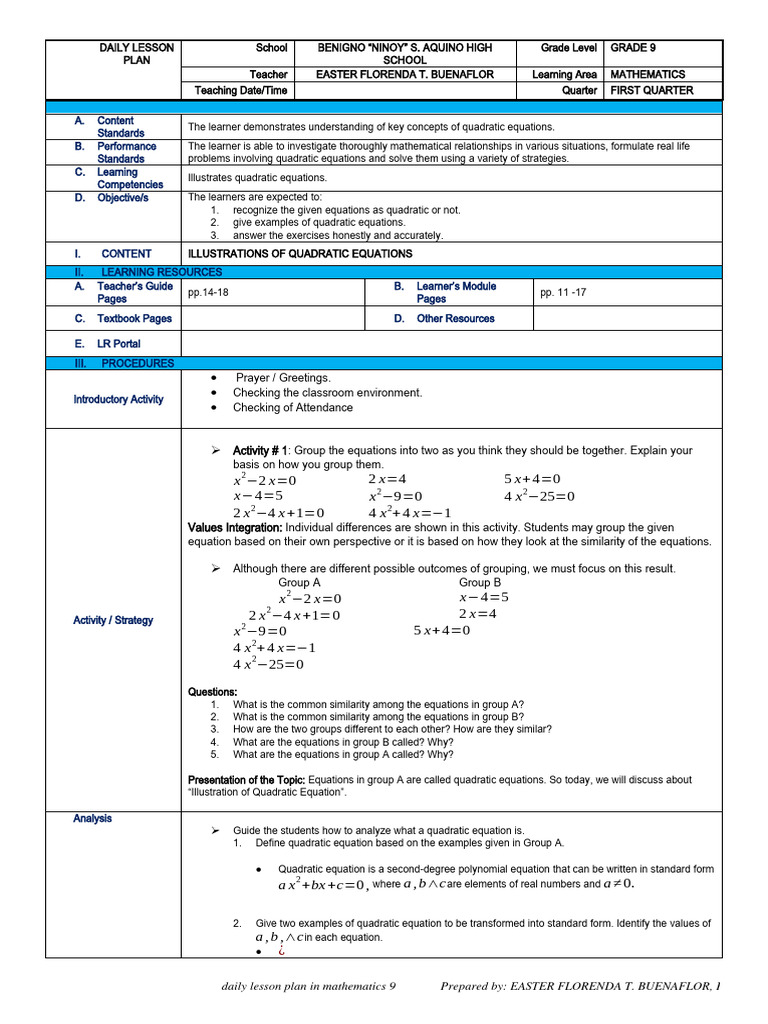 Q1 - L1 - Illustrates Quadratic Equations | PDF | Equations | Quadratic ...